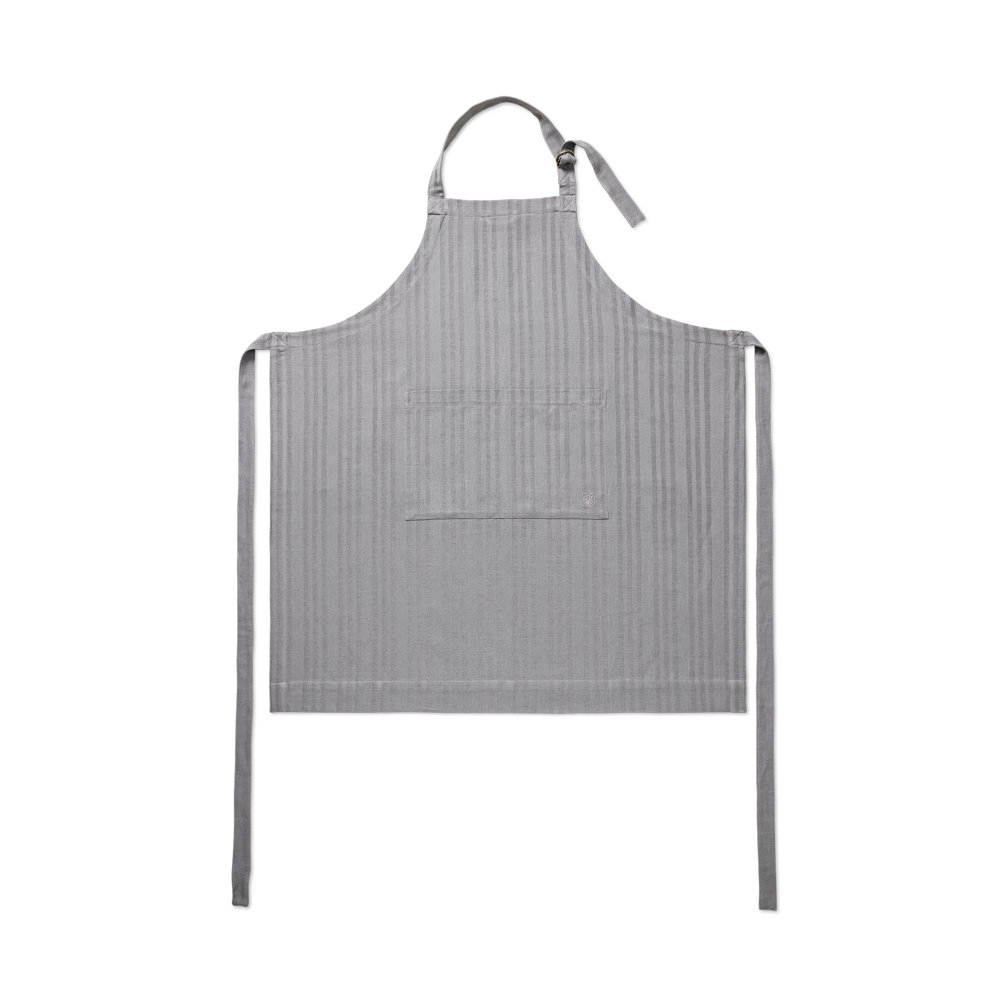 Beautiful grey apron with woven stripes in a cotton and linen blend